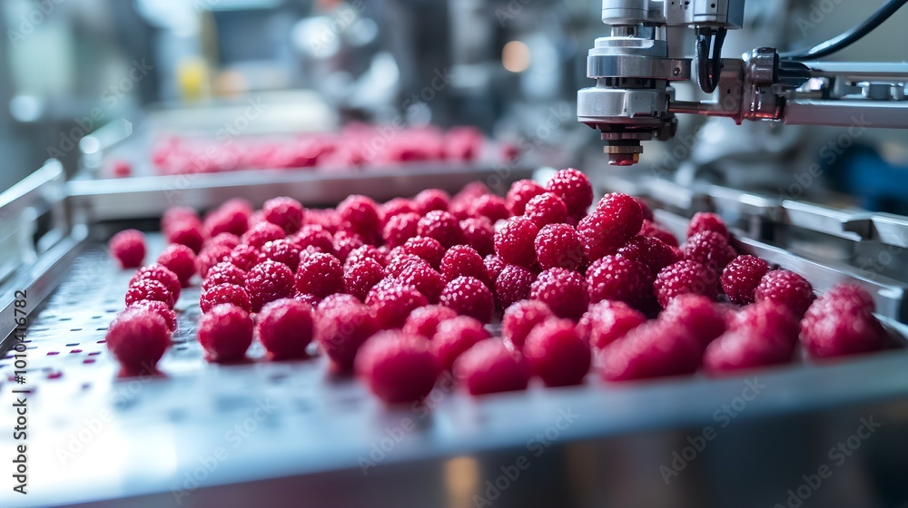 Autonomous robots in sterile food factory, advanced AI monitoring each ...
