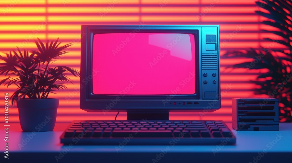 retro computer setup featuring vintage monitor with vibrant pink screen ...