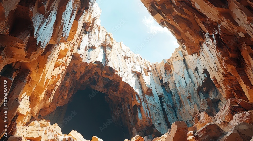 Pixelated cliffside with shadowy cave openings, voxel art style ...