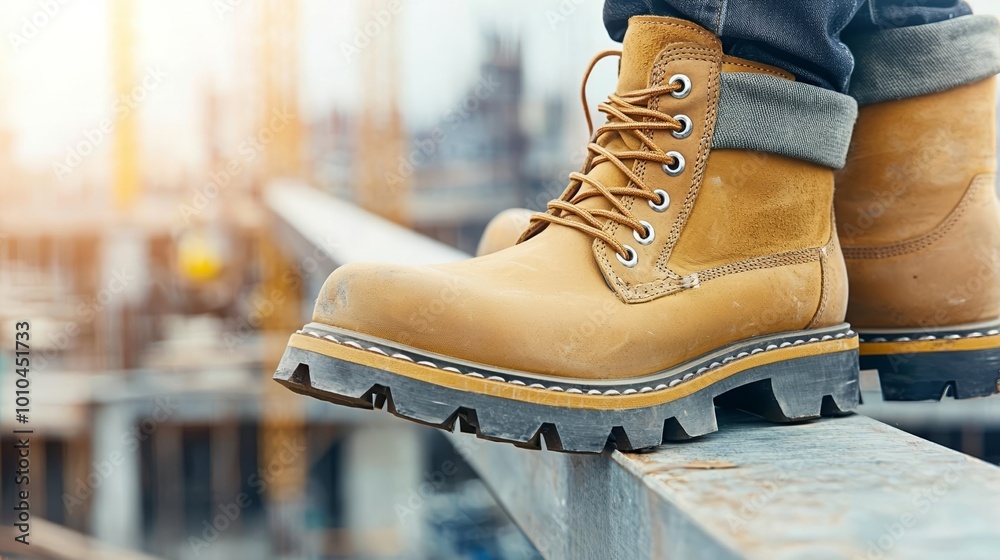 Detail shot of steel toe boots on a metal beam in an industrial setting ...