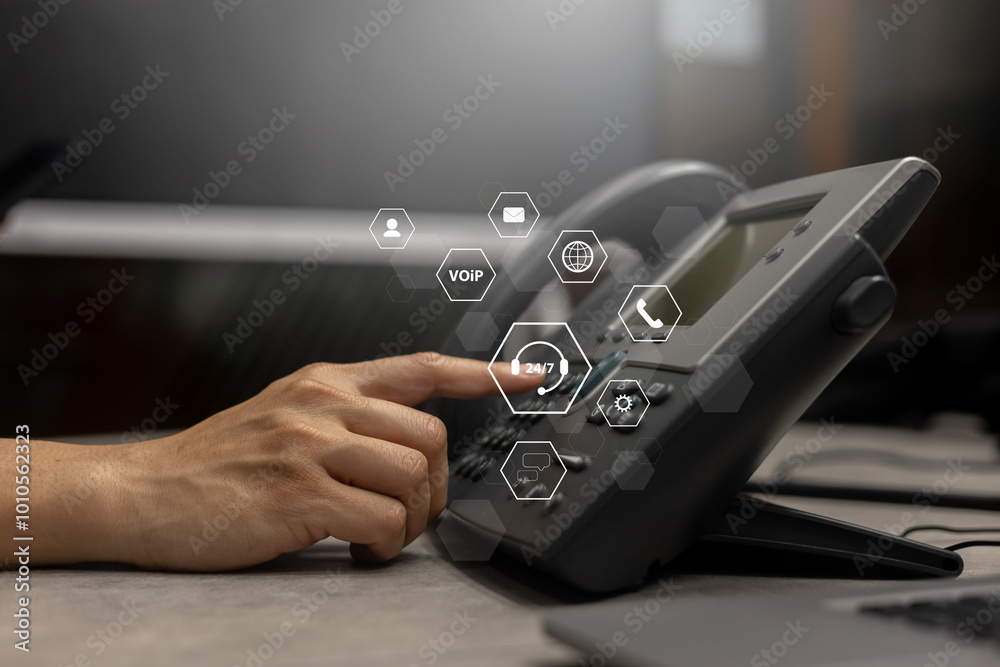 close up employee call center man hand point and press button number ...