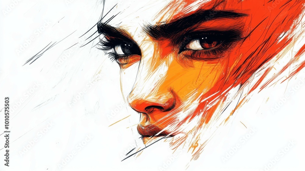 Stylized portrait sketch with bold lines and dramatic shading ...