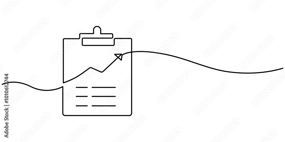 Continuous line drawing of clipboard. Growth graph icon business, bar ...