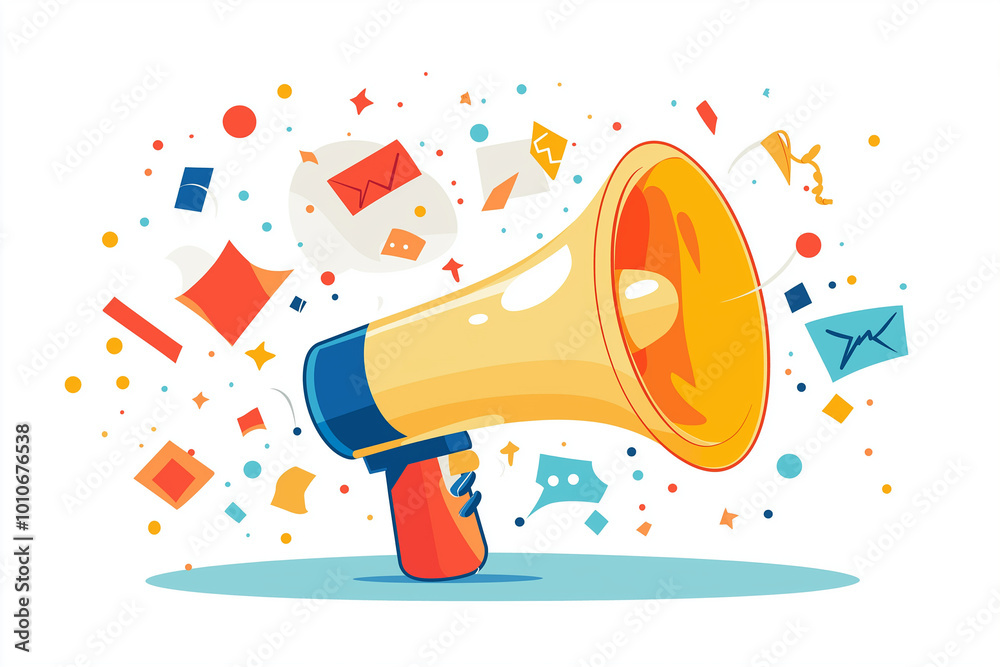 Megaphone bullhorn emitting sound waves with a bold, colorful news ...