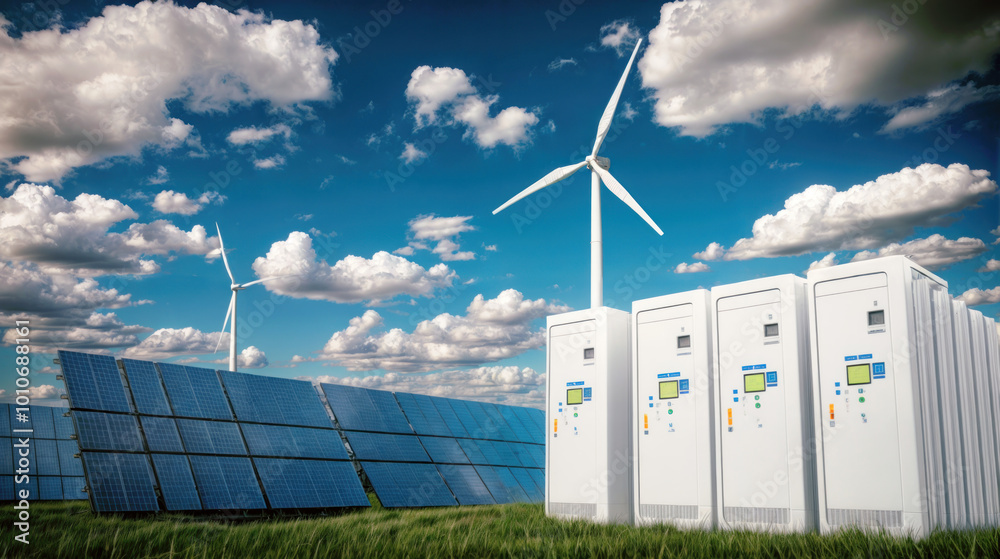 Power plant with solar panels and wind turbines. Sustainable energy ...