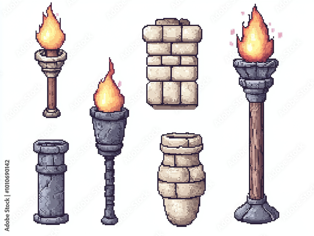 Pixel Art Torch Set: Medieval Fantasy Game Assets Stock Illustration ...