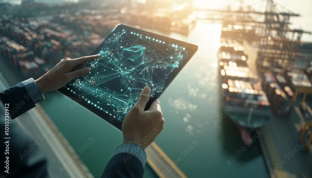 Businessman holding a virtual interface panel displaying a global ...