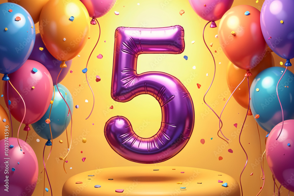 5th birthday card. Large, purple number five balloon surrounded by ...