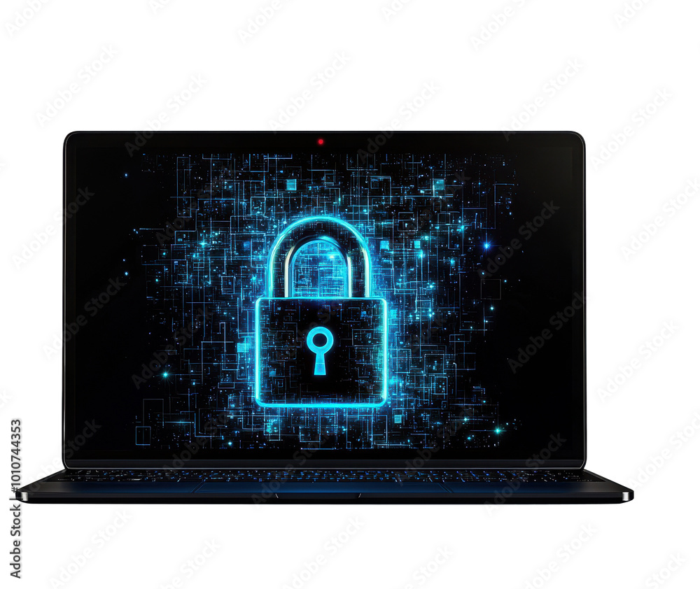 Laptop with blue neon digital lock on black background for ...