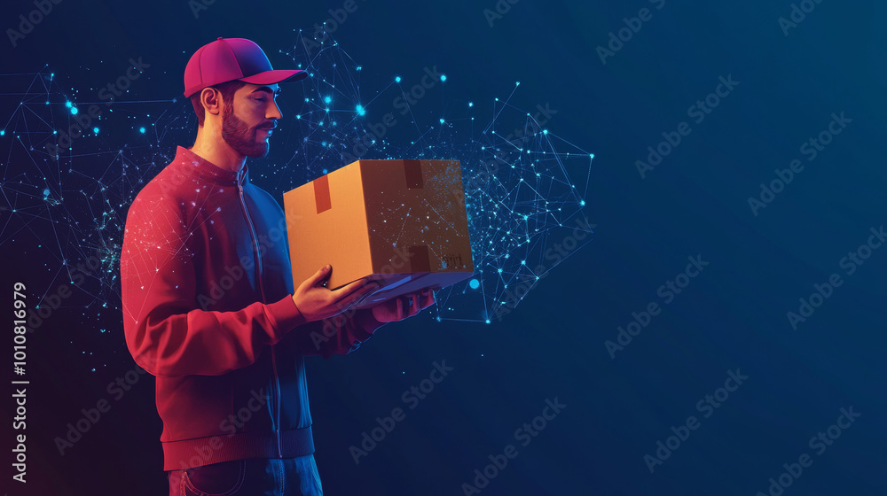 3D polygonal digital vector illustration of a delivery man holding a ...