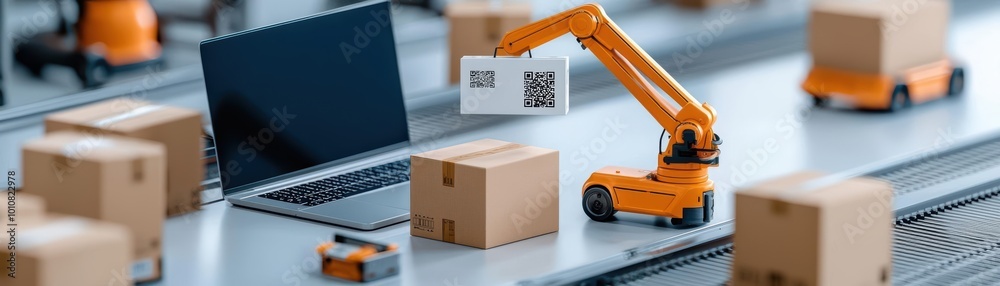 Robotic arm placing a package on a conveyor belt, floating QR code ...