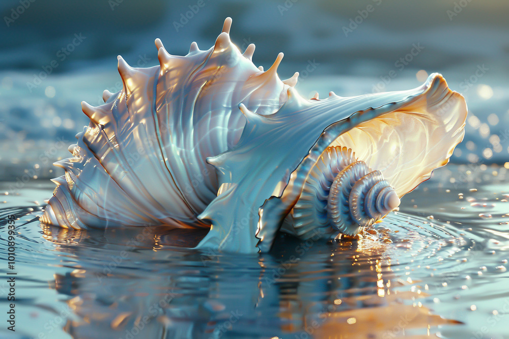 Imaginative 3D seashell with magical features, front view, capturing a ...