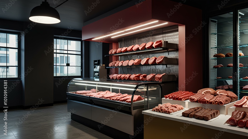Interior design of butcher shop with glass cabinet of meat and sausage ...