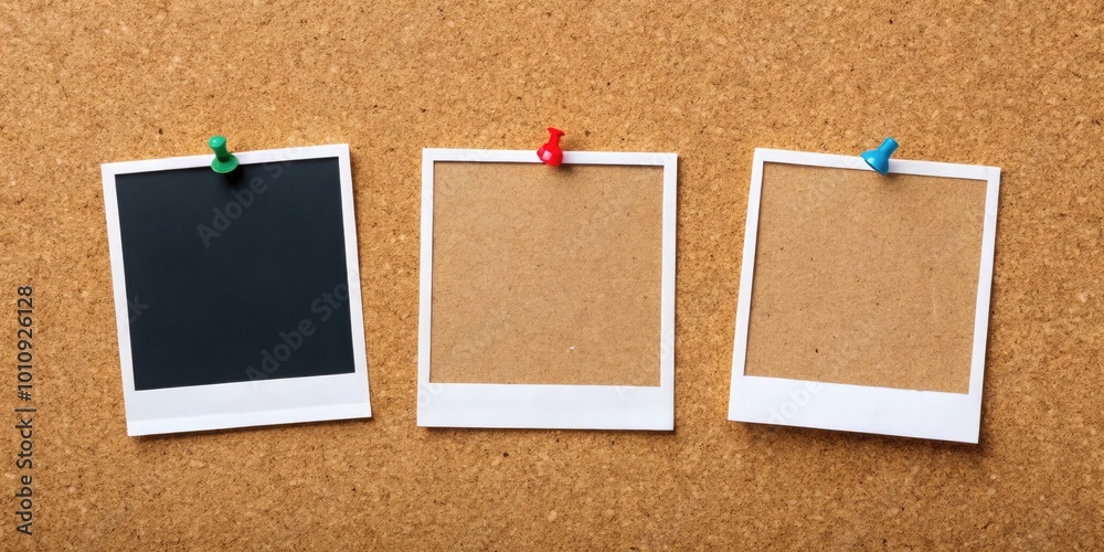 Three blank photos on cork board designed for inspiration, project ...