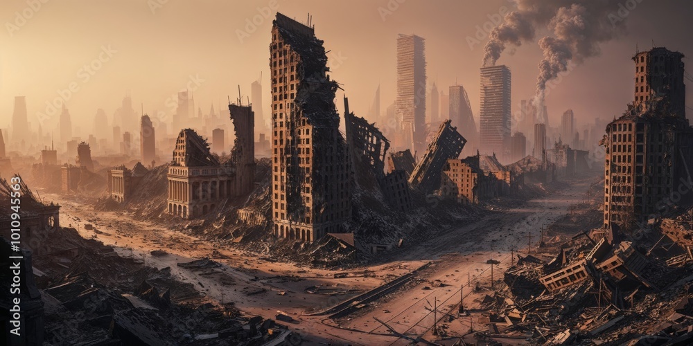 city destroyed by war Apocalypse battlefield aftermath ruins. Stock ...