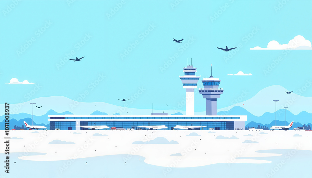 Modern airport illustration with control towers and airplanes under a ...