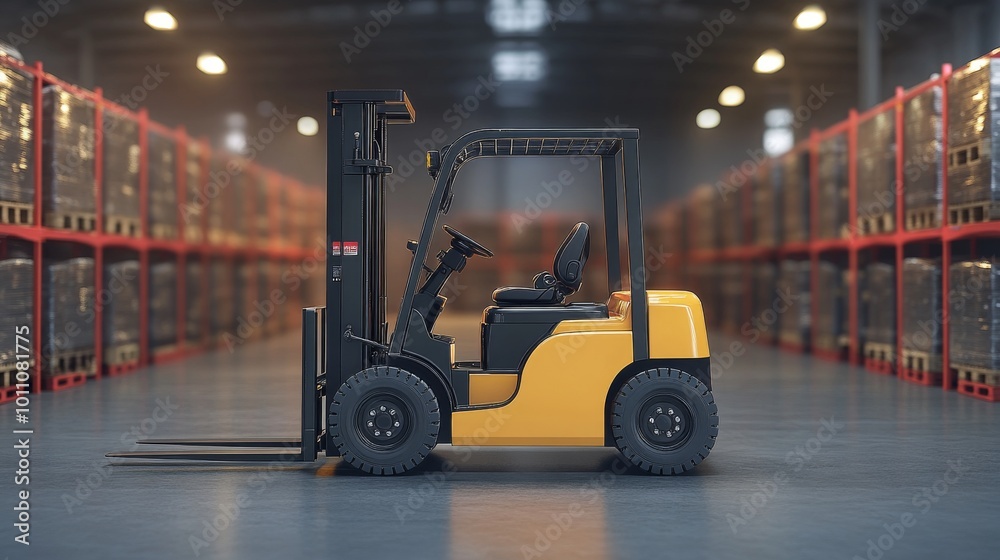 Yellow Forklift Maneuvering Between Stacks of Cardboard Boxes in a ...