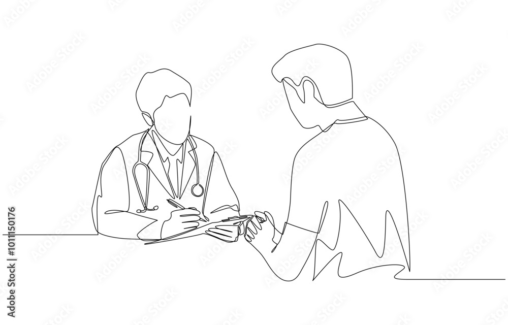 Continuous one line drawing of doctor taking patient's history, medical ...