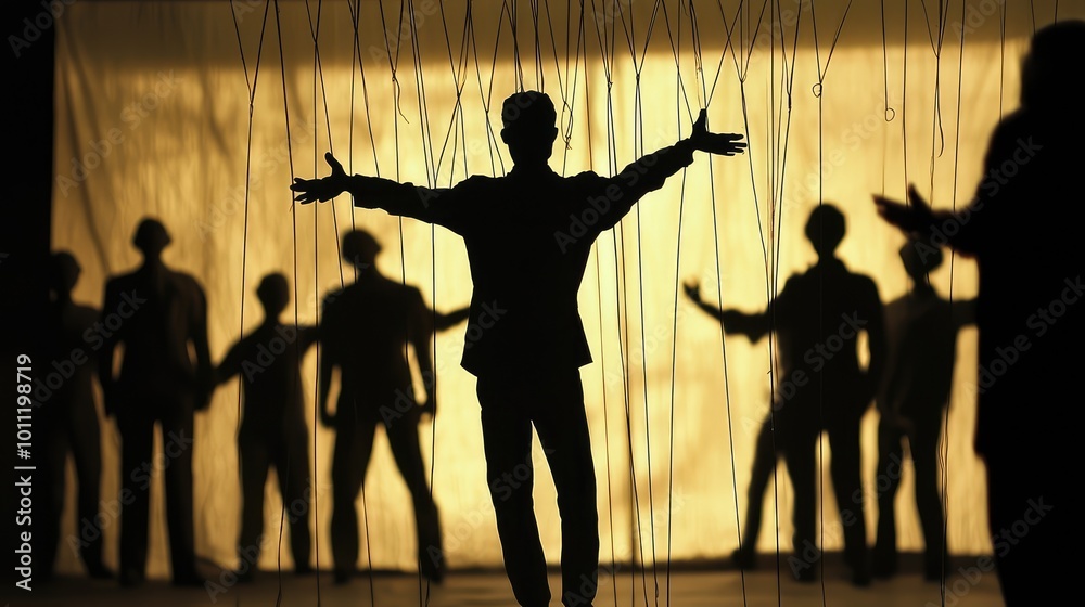 Silhouettes of people performing on stage with a dramatic backdrop ...