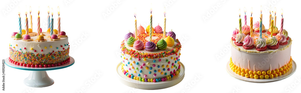 Colorful birthday cakes with candles and sprinkles for celebration. Set ...