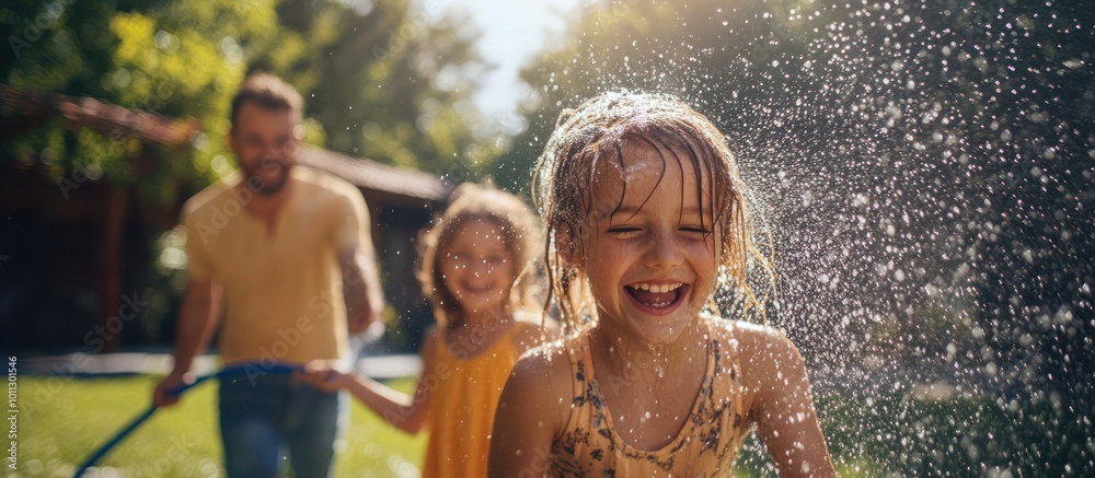 A father and his two daughters have fun in the backyard, the youngest ...