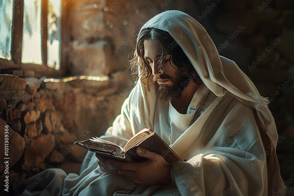 Jesus is reading the Bible, sitting in an ancient room with his face ...