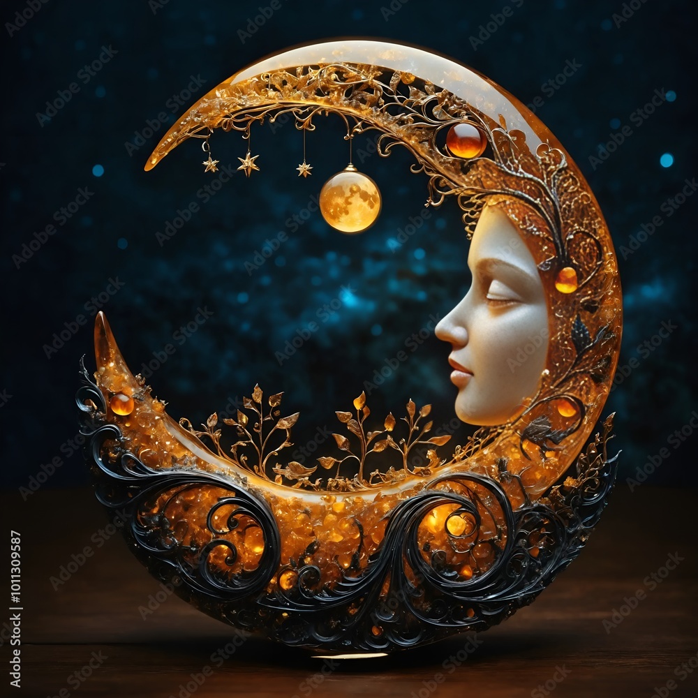 Amber moon sculpture with an exquisite face and starry elements ...