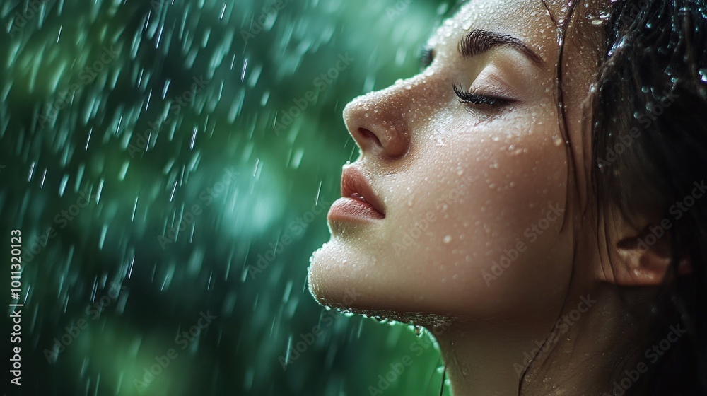 A reflective woman immersed in contemplation amid the raindrops that ...