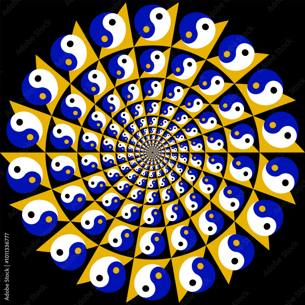 Optical illusion of moving circle with colored Yin-Yang symbols ...