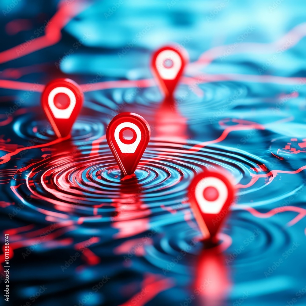 A graphic of a flood map with emergency red zones and flashing warning ...