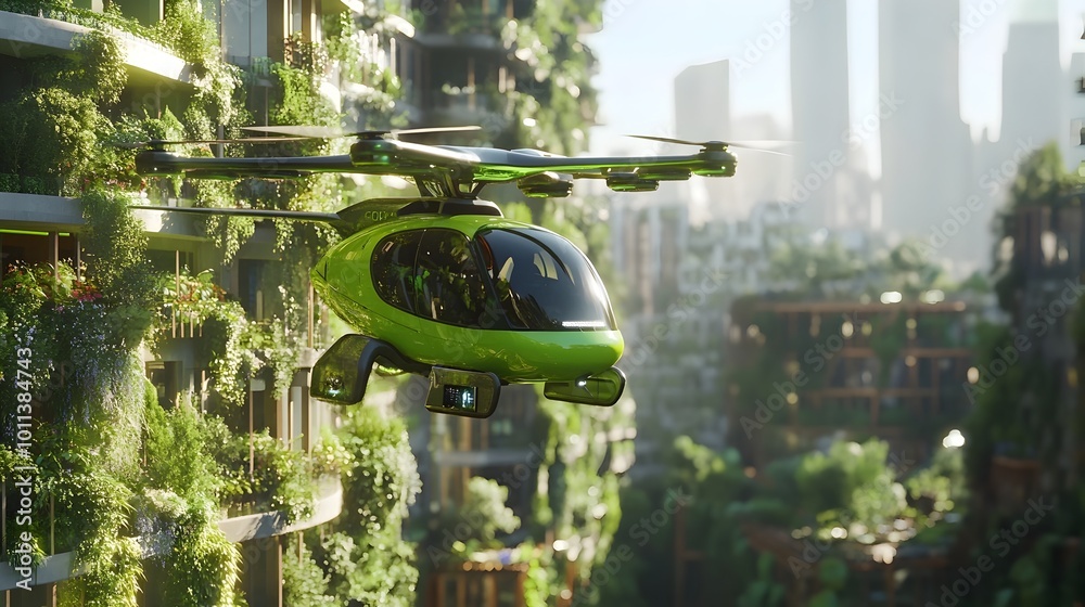 Autonomous Air Taxi Lifting Off From a Lush Green Rooftop in a ...