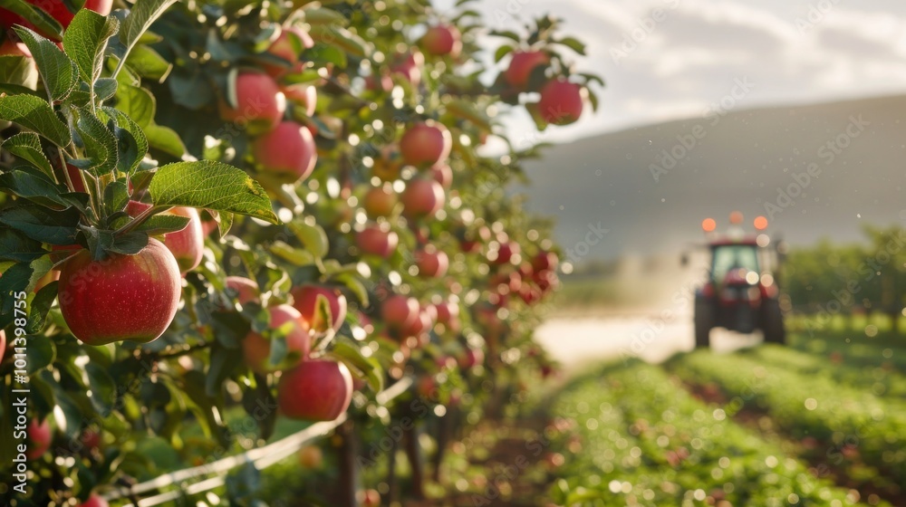 photograph of Spraying apple orchard to protect against disease and ...