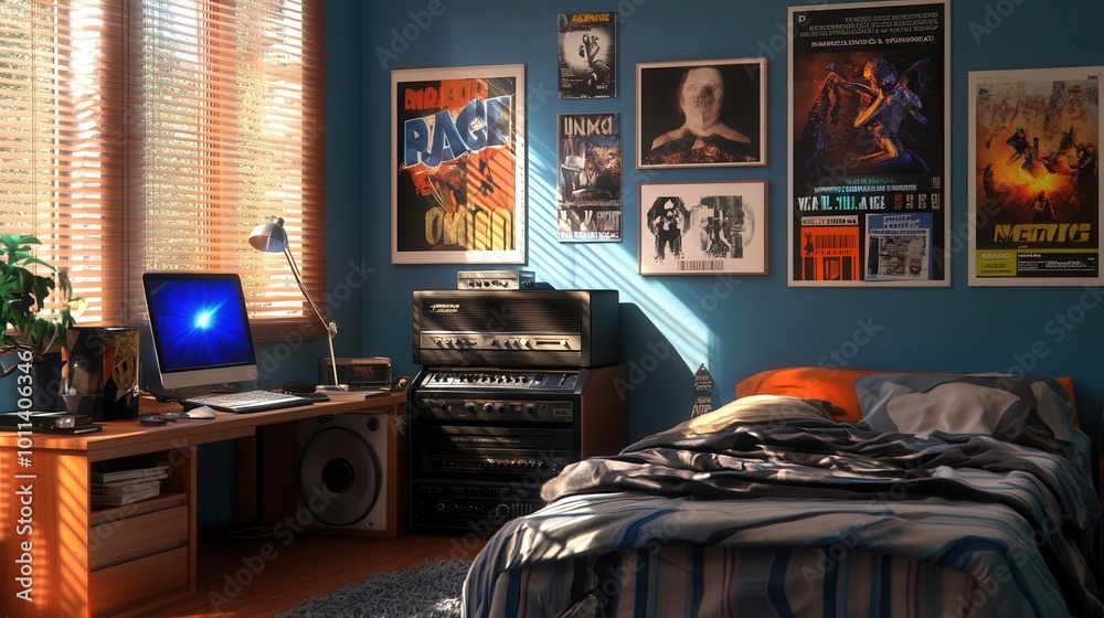 A 2000s teenager's bedroom with posters of famous bands, a CD player ...