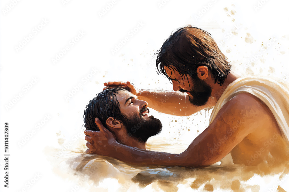Illustration of the Baptism of Jesus by John the Baptist, showing water ...