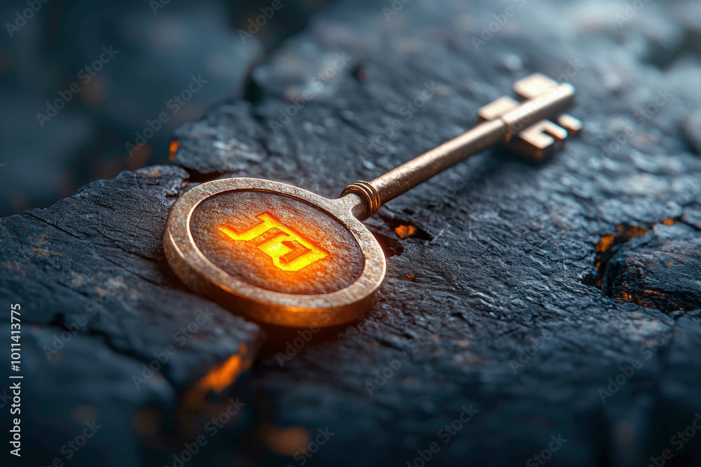 A glowing key with ancient symbols lies on a stone path, radiating ...