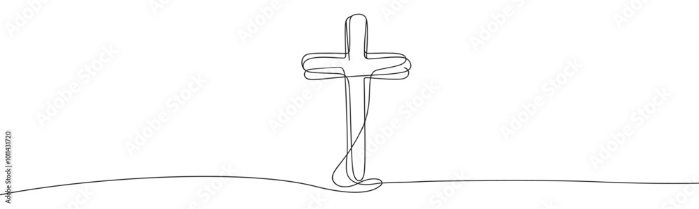 drawing with one black line on a white background depicting a cross, a ...