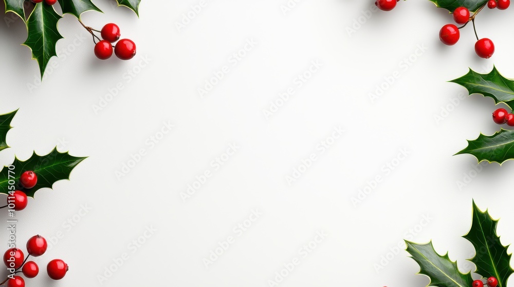 Elegant Christmas frame with a transparent background, featuring holly ...