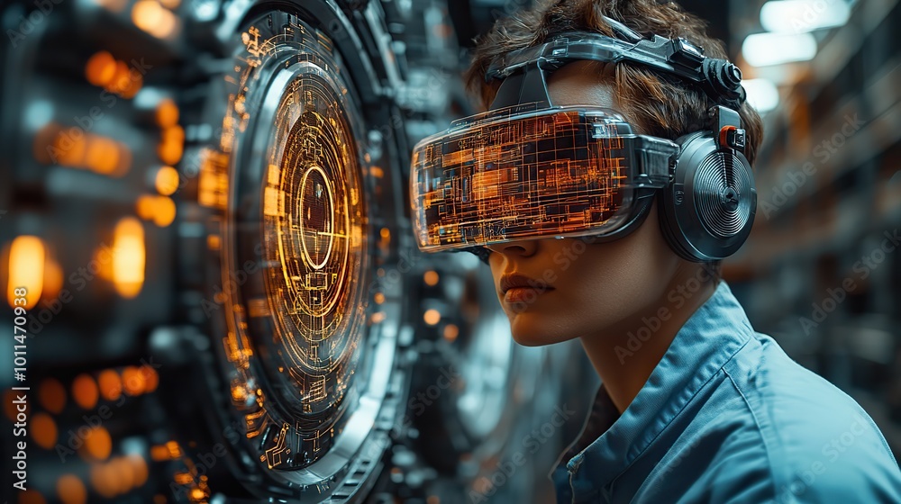 engineer with ar glasses overlaying digital instructions of complex ...
