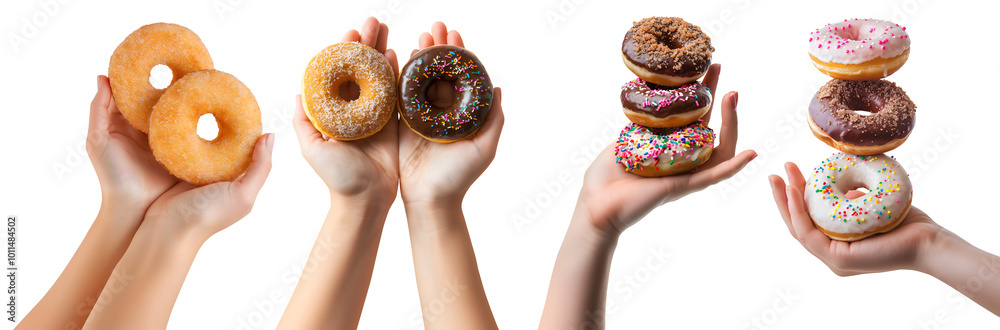 Collection set of hand holding pile stack colourful round donut ...