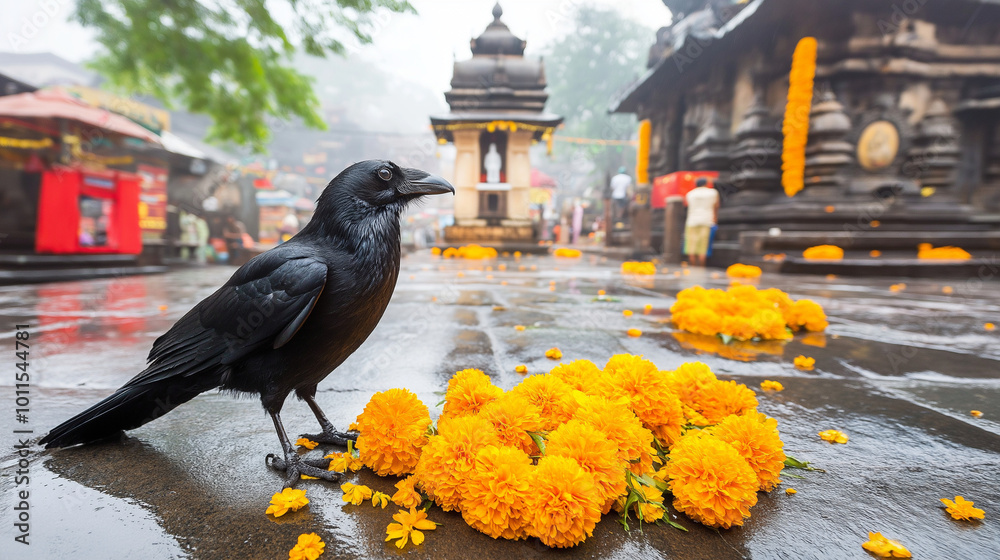 crow eats rice offerings during the Pitru Paksha ritual, representing ...