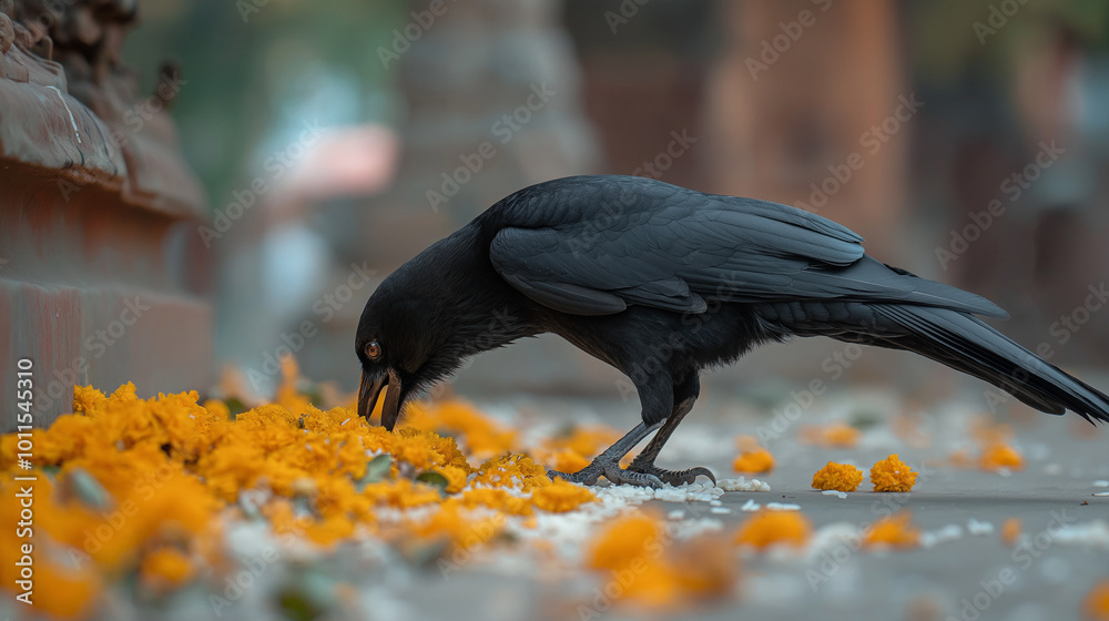crow eats rice offerings during the Pitru Paksha ritual, representing ...