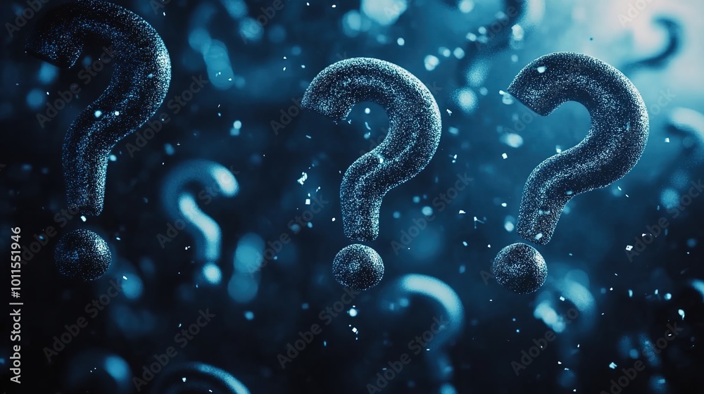 Cinematic, dark blue background with question marks floating in the air ...