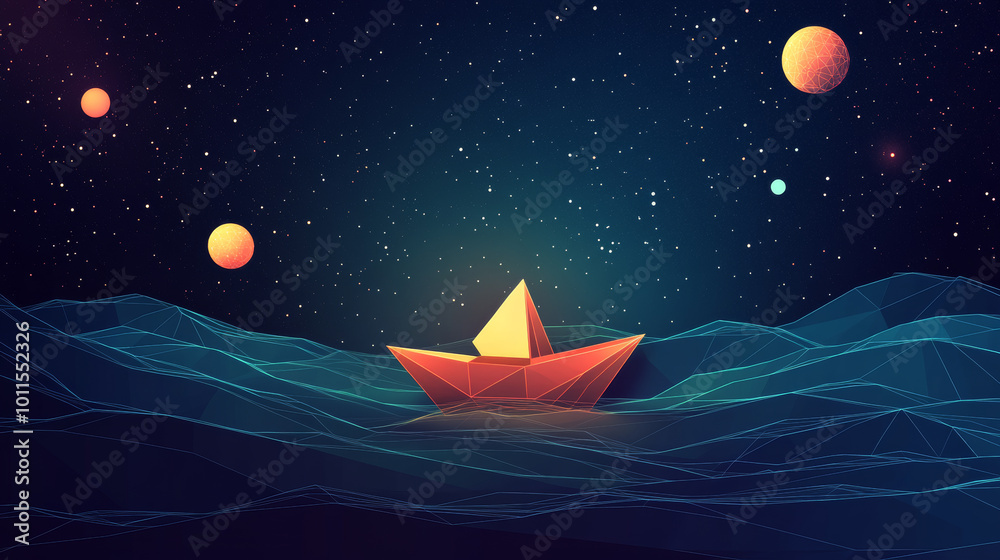 A simple, artistic design showing a paper boat floating in a starry sky ...