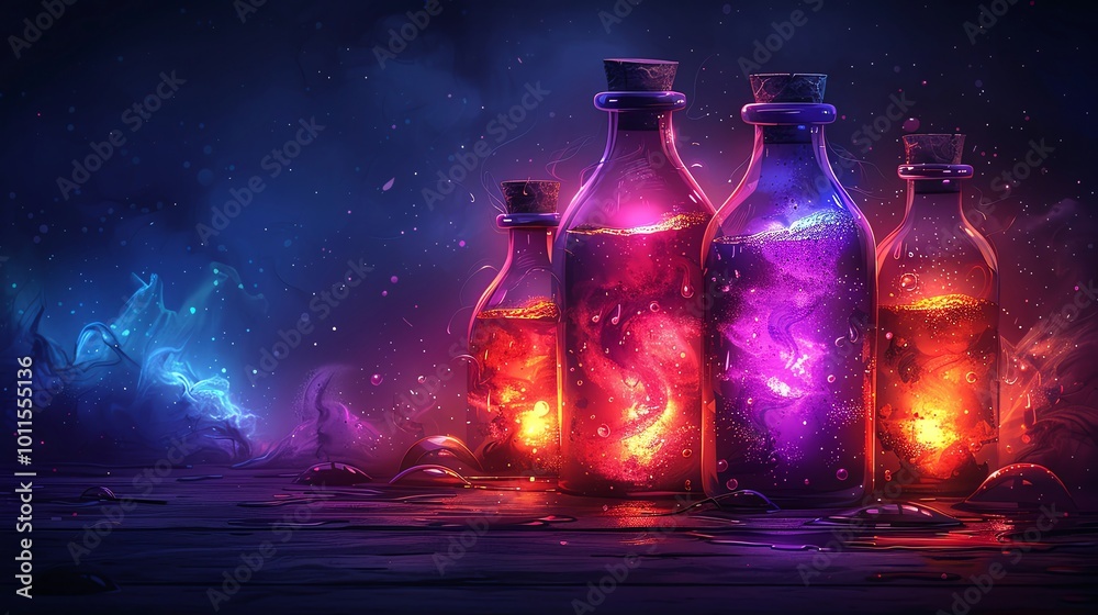 Witchs potion bottles at the border, in a 2D mystical glowing style ...