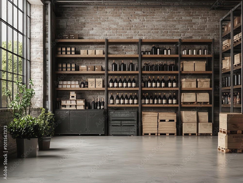 Industrial chic warehouse interior with exposed pipes, brick walls, and ...