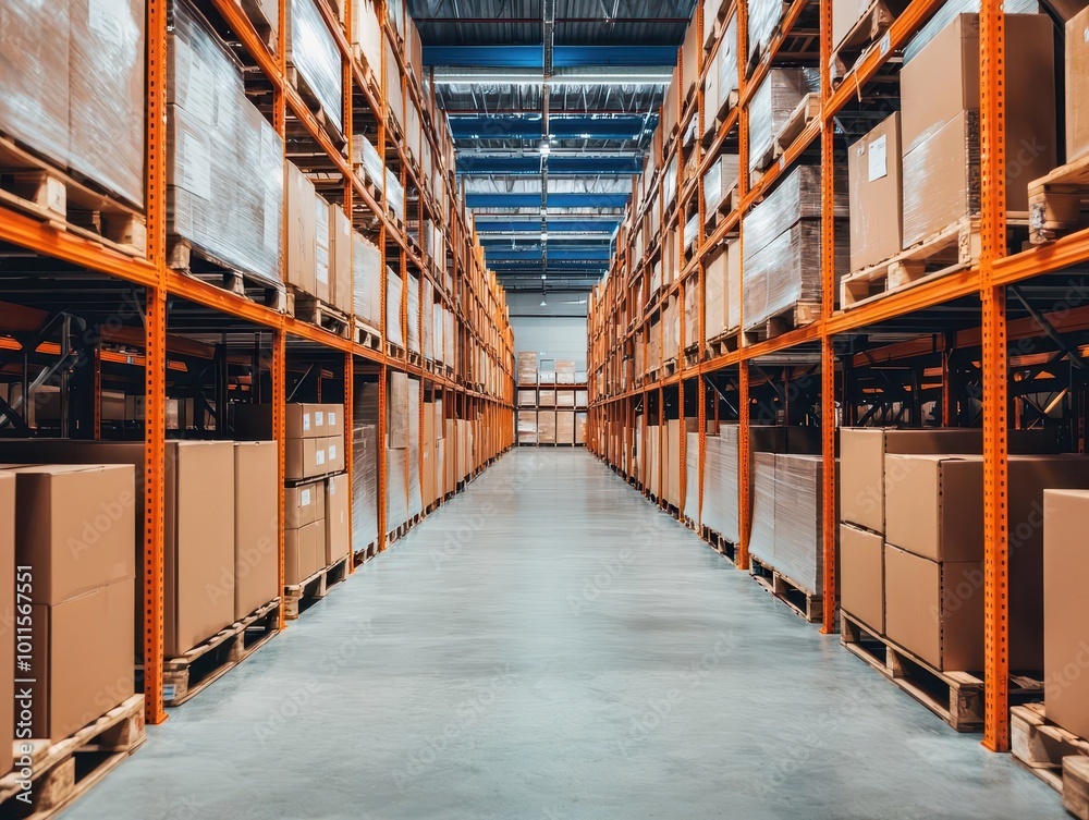 Warehouse interior with large steel shelves, stacked crates, and a wide ...