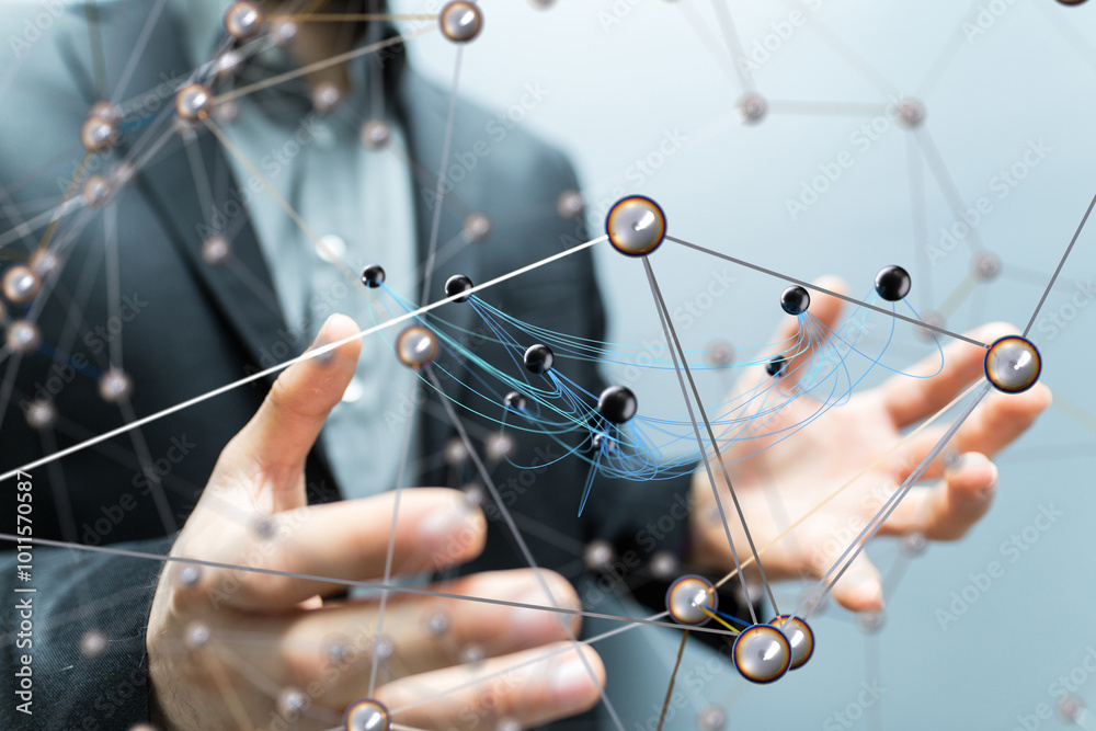 Global network. Blockchain. 3D illustration. Neural networks and ...