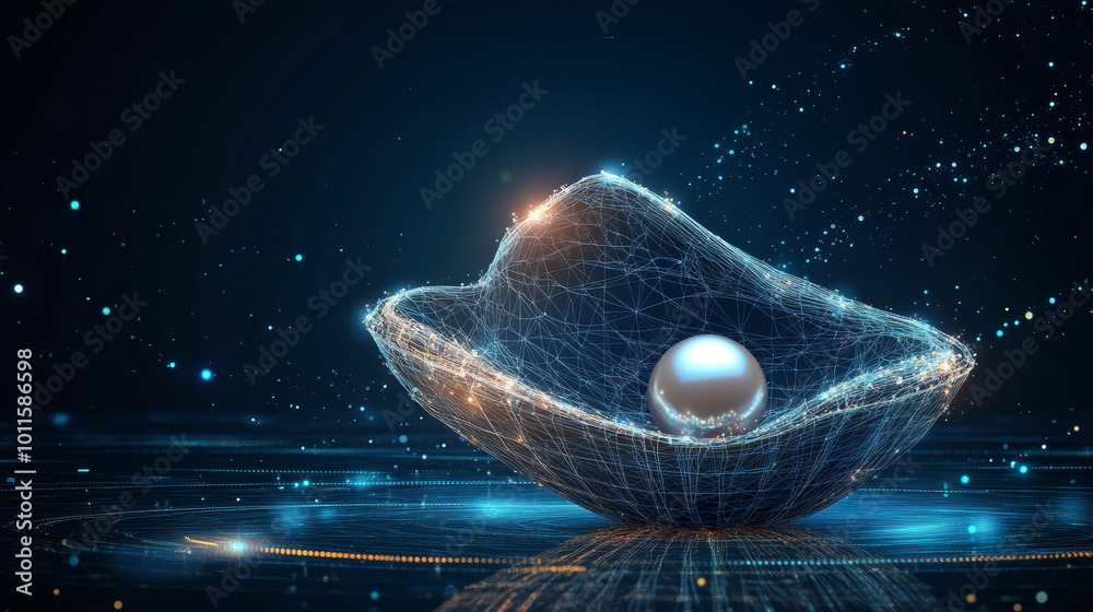 A shiny pearl sits inside a shell, outlined with a simple wireframe ...