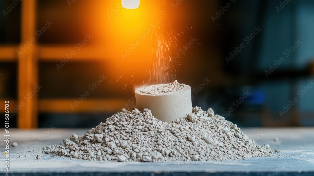 Vibrating table with concrete slump test cone, liquid cement flowing ...