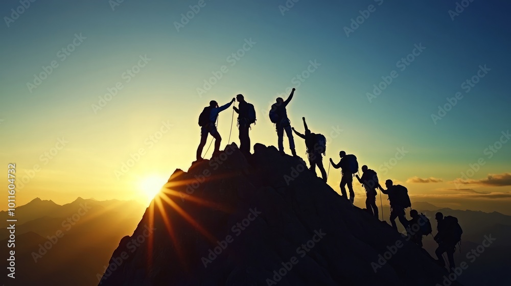 A team of climbers reaching the summit at sunset, symbolizing teamwork ...